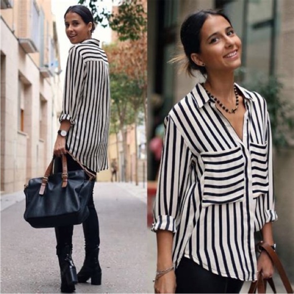 Zara | Tops | Zara Basic Black White Striped Button Up Shirt | Poshmark